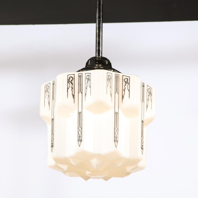 Art Deco Machine Age Milk Glass Pendant w/ Curvilinear Black Etched ...
