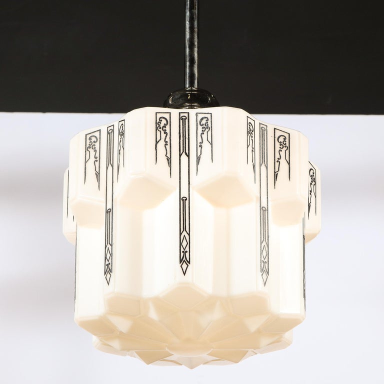 Art Deco Machine Age Milk Glass Pendant w/ Curvilinear Black Etched ...