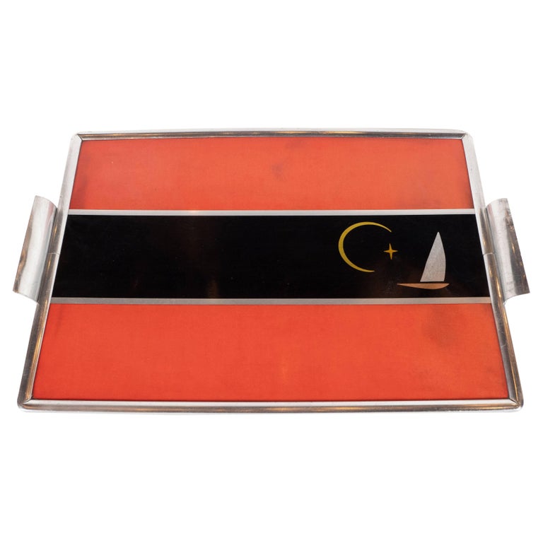Art Deco Machine Age Polished Aluminum and Inlaid Bakelite Bar Tray at ...