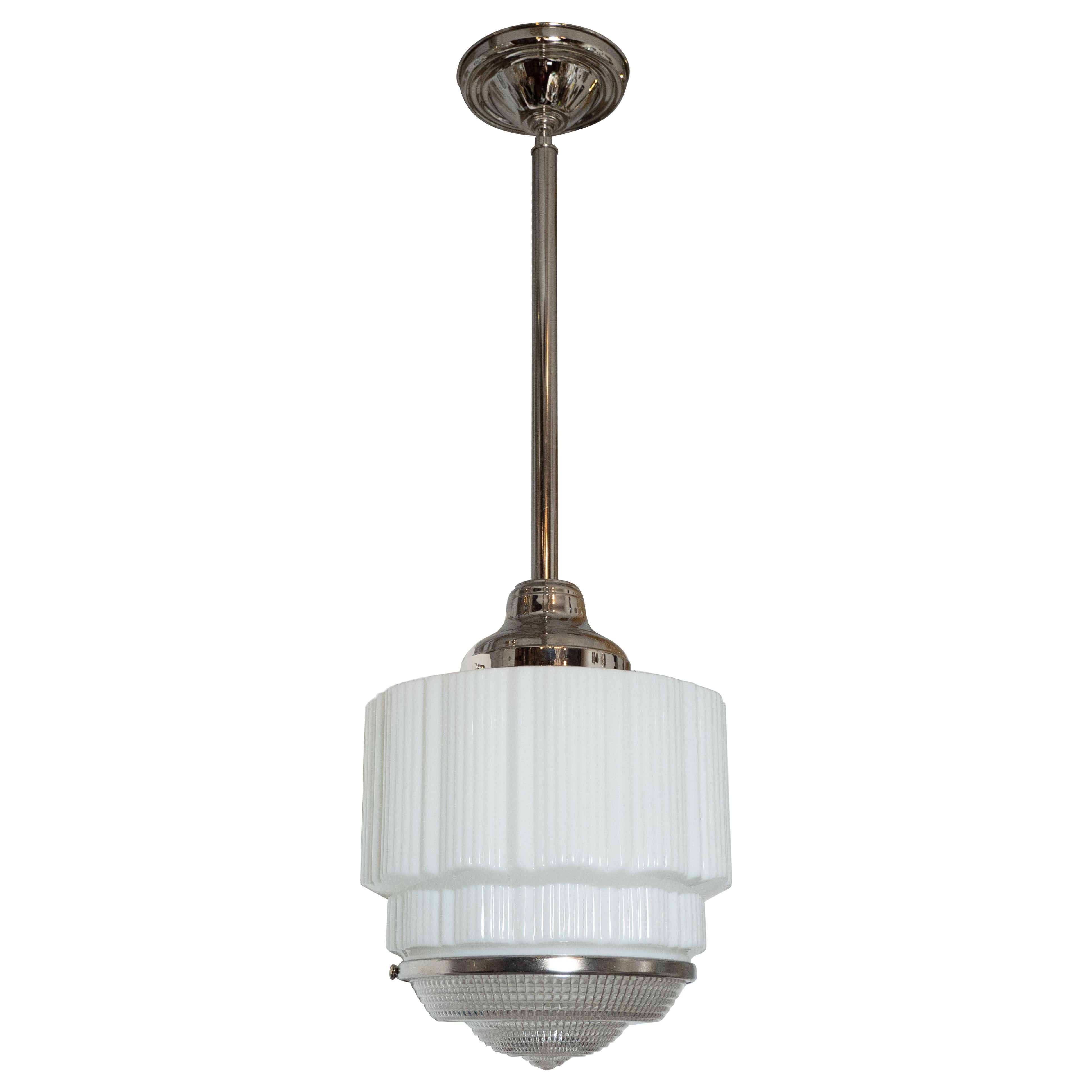 Art Deco Machine Age Style Chandelier in Chrome and Frosted Glass at ...