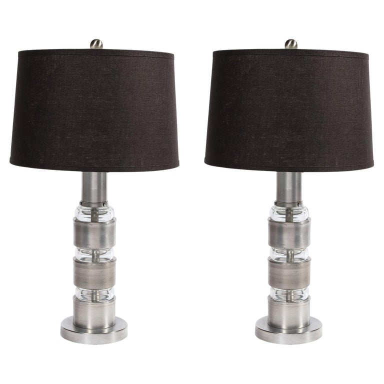 Art Deco Machine Age Table Lamps in Brushed Aluminum and Glass by ...