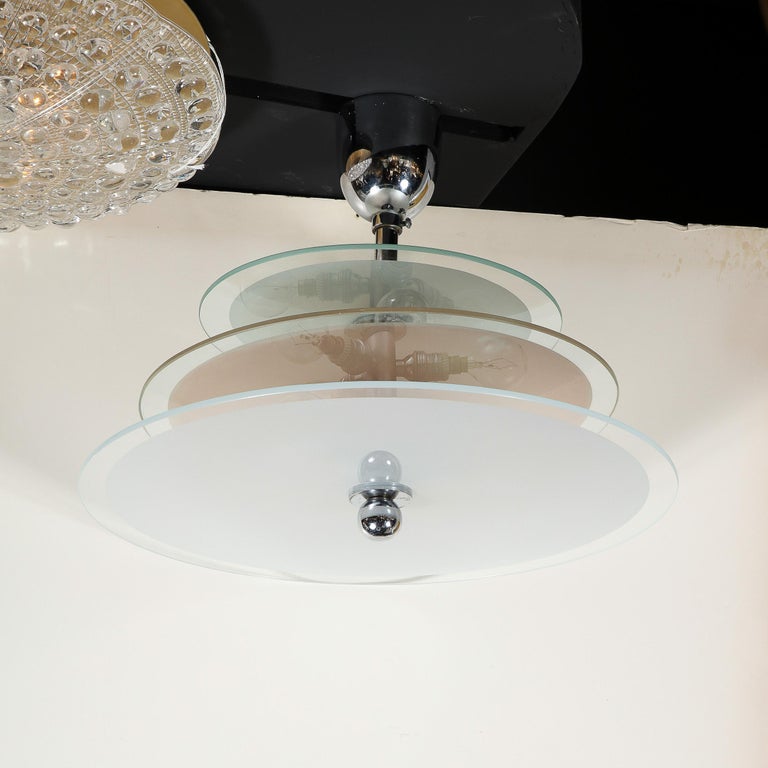 Art Deco Machine Age Three-Tier Chandelier in Frosted Copper and Glass ...