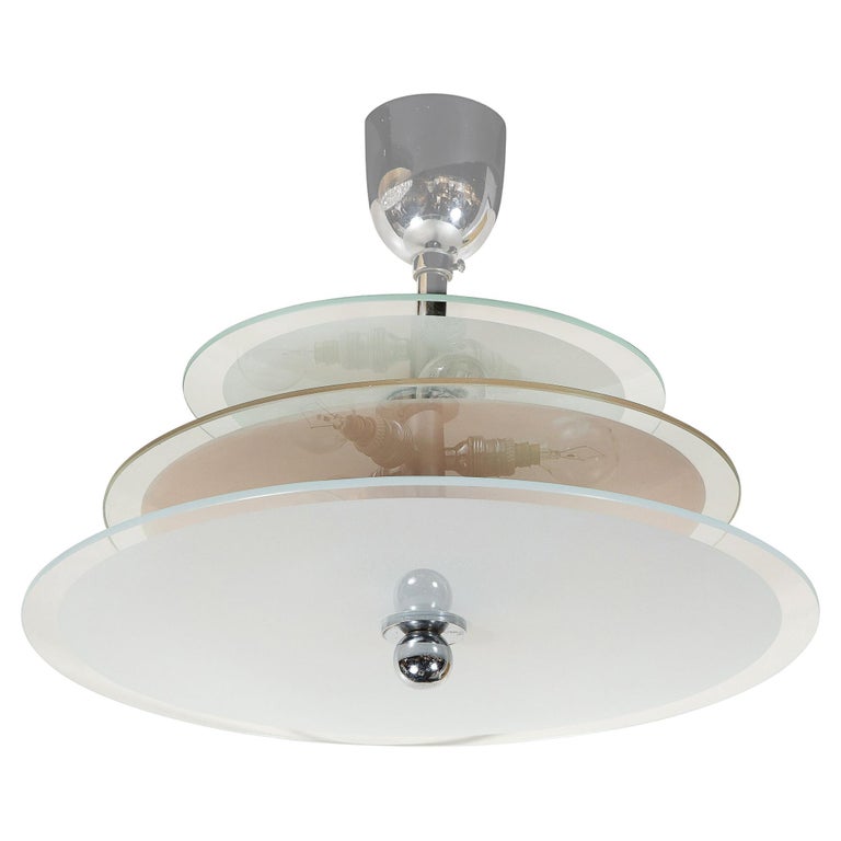 Art Deco Machine Age Three-Tier Chandelier in Frosted Copper and Glass ...