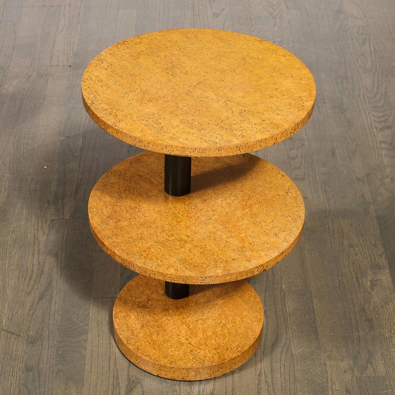 Art Deco Machine Age Three Tier Side/End Table in Burled Elm and Black ...