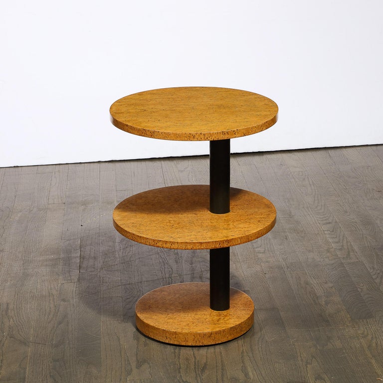 Art Deco Machine Age Three Tier Side/End Table in Burled Elm and Black ...