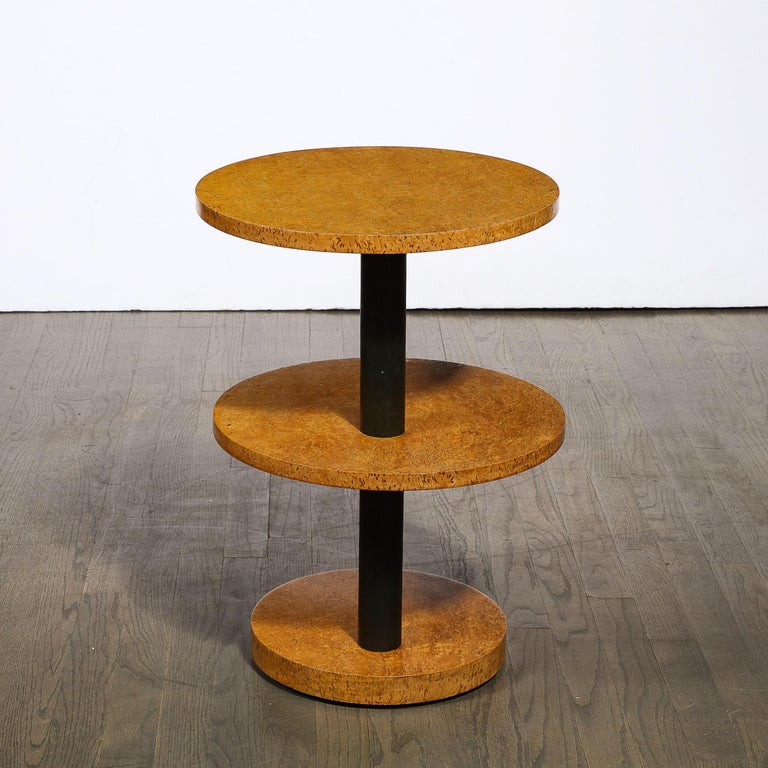 Art Deco Machine Age Three Tier Side/End Table in Burled Elm and Black ...
