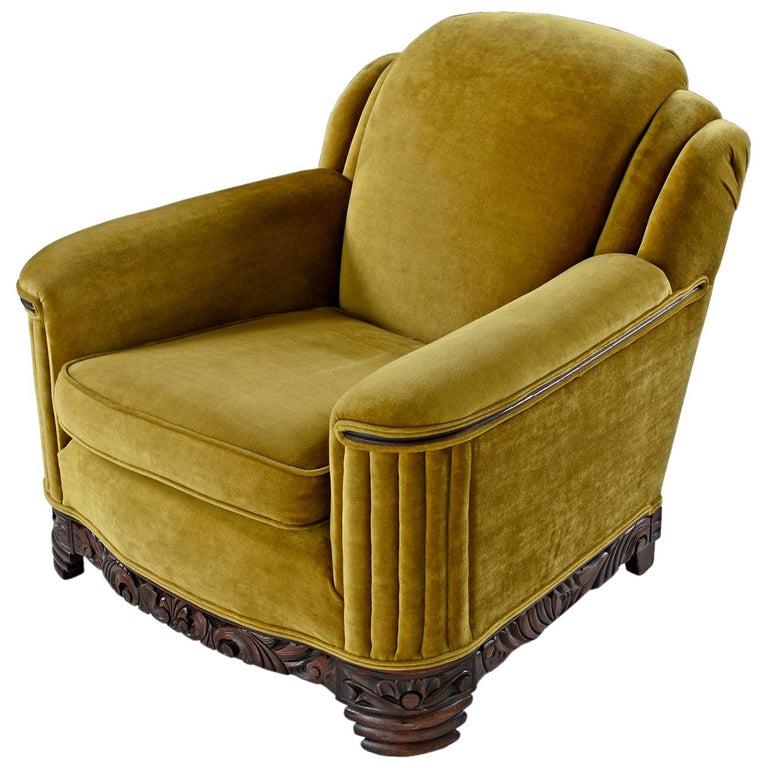 Art Deco Mahogany Accent Bronze Gold Chartreuse Mohair Club Chair at ...