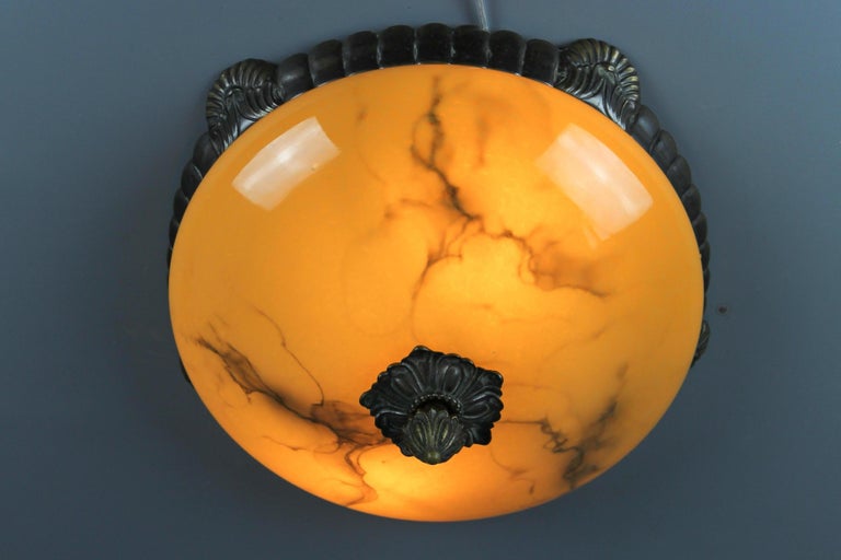 Art Deco Marbled Amber Color Glass and Brass Flush Mount For Sale at ...
