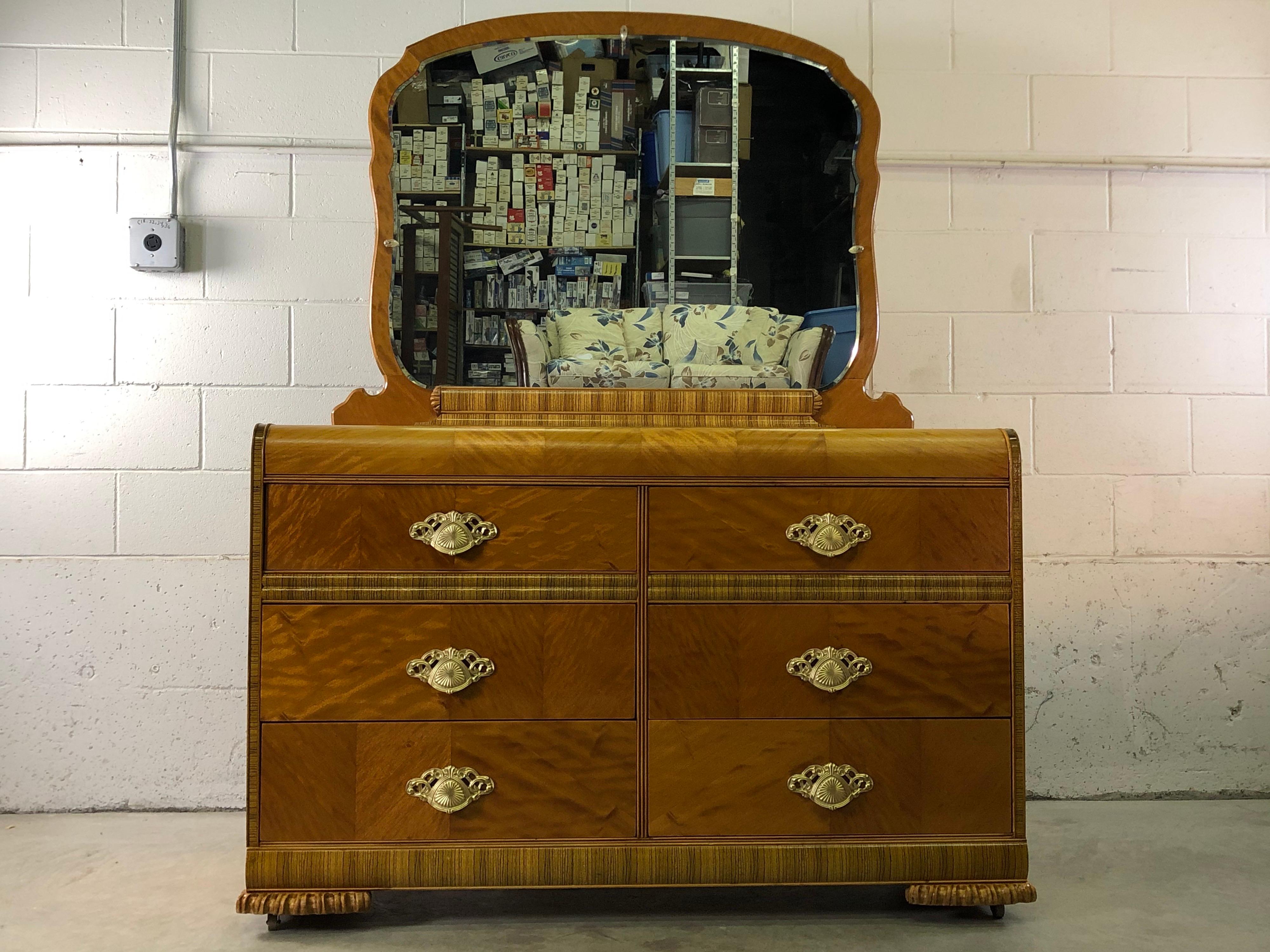 Art Deco Matchbook Veneer Dresser and Mirror with Zebra Wood Accents at ...