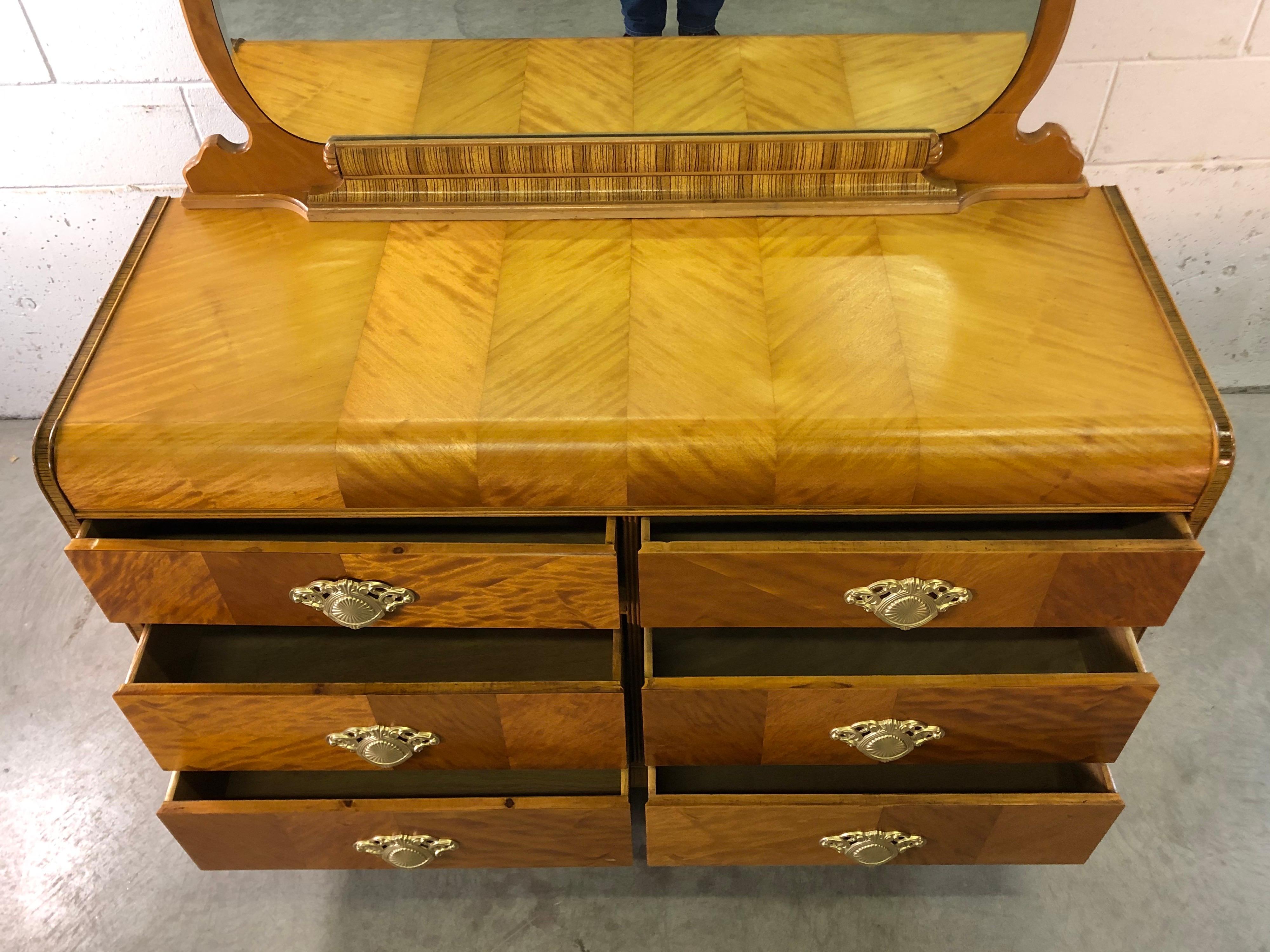 Art Deco Matchbook Veneer Dresser and Mirror with Zebra Wood Accents at ...