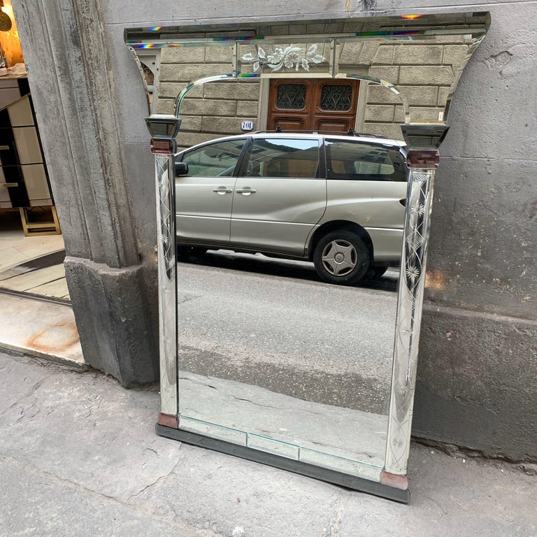 Art Deco Mercury Ground Glass Mirror with Engravings, 1940s at 1stDibs