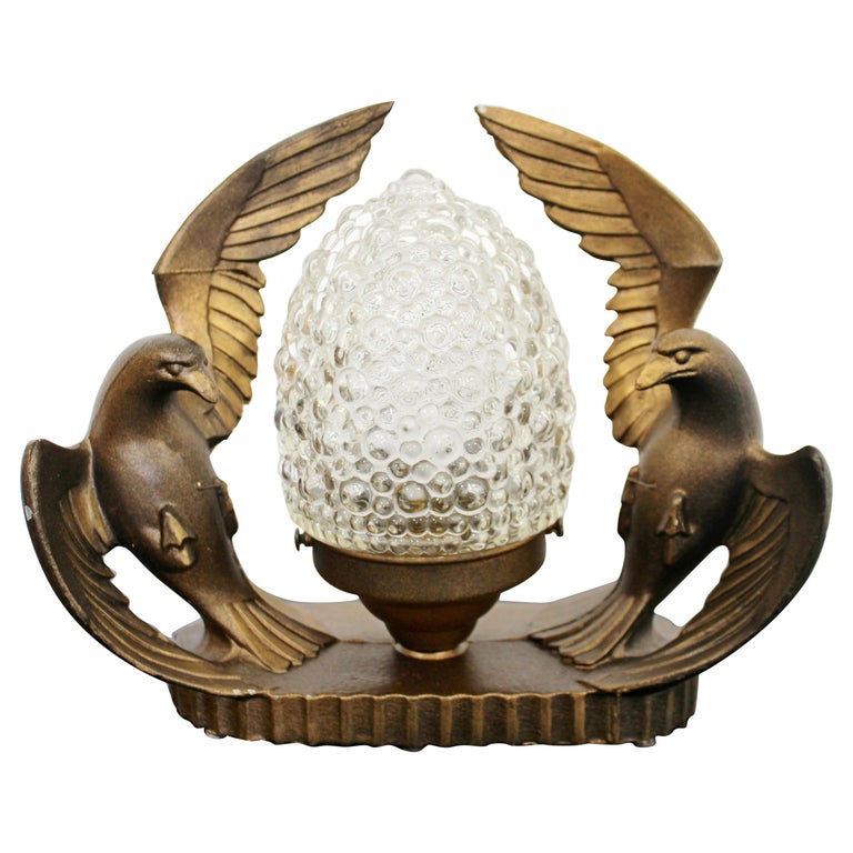 Art Deco Metal and Glass Eagles Table Lamp, 1930s at 1stDibs