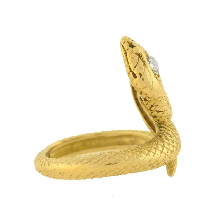 Art Deco Mine Cut Diamond Gold Snake Ring at 1stDibs