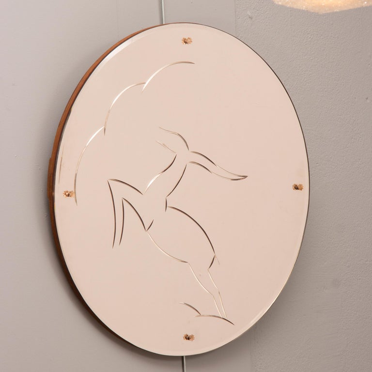 Art Deco Mirror with Leaping Gazelle Design on Peach Mirror Glass at ...