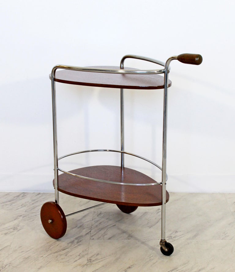 Art Deco Modern Chrome and Wood 2-Tier Bar Serving Server Cart Treitel ...