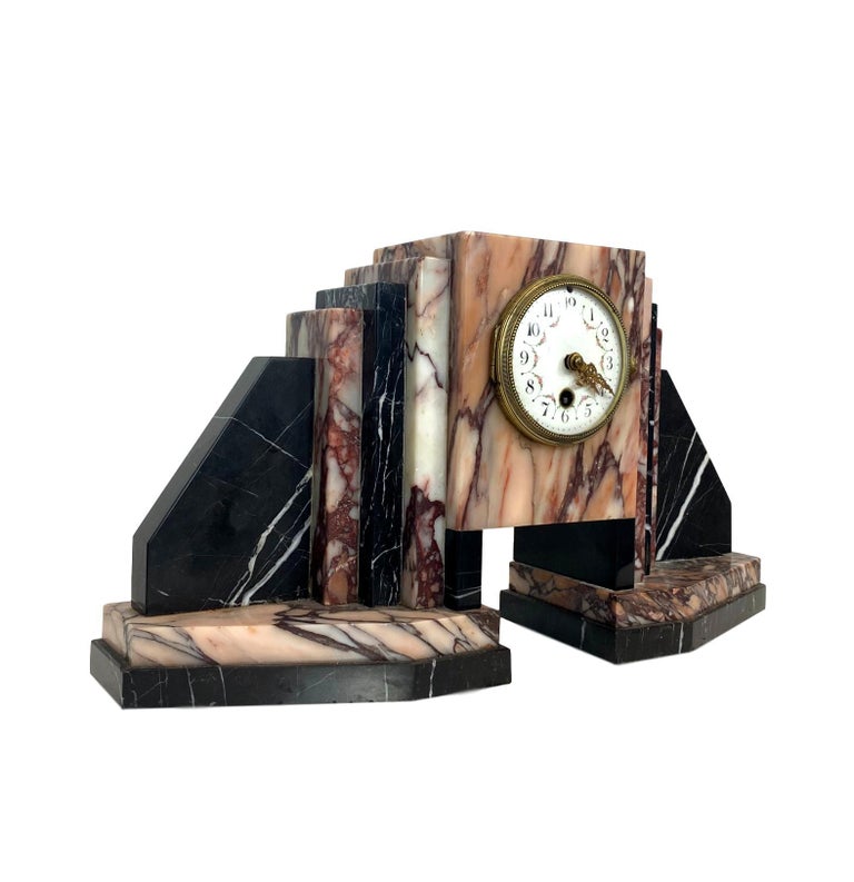 Art Deco Moderne Marble Bookends Mantle Clock, French, circa 1930s at ...