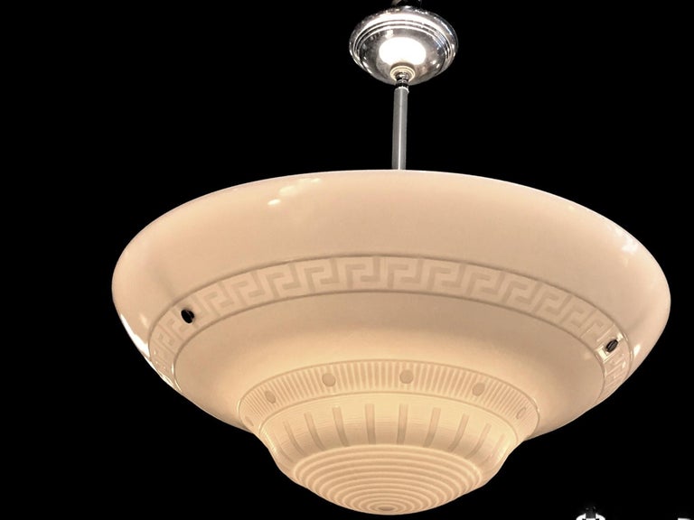 Art Deco Moderne Milk Glass and Chrome Pendant Light Greek Key Motif ...