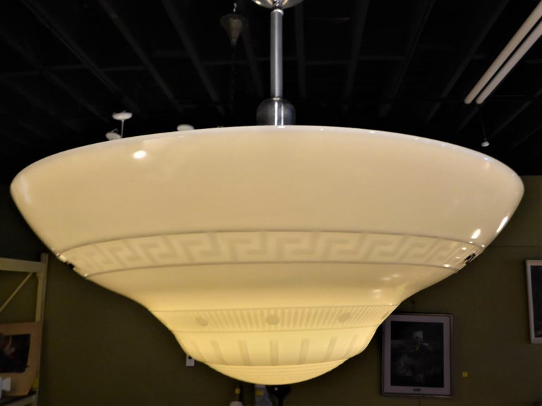 Art Deco Moderne Milk Glass and Chrome Pendant Light Greek Key Motif ...