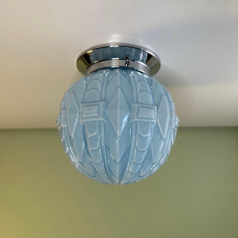 Art Deco Modernist Baby Blue Geometric Molded Glass Flush Mount or ...