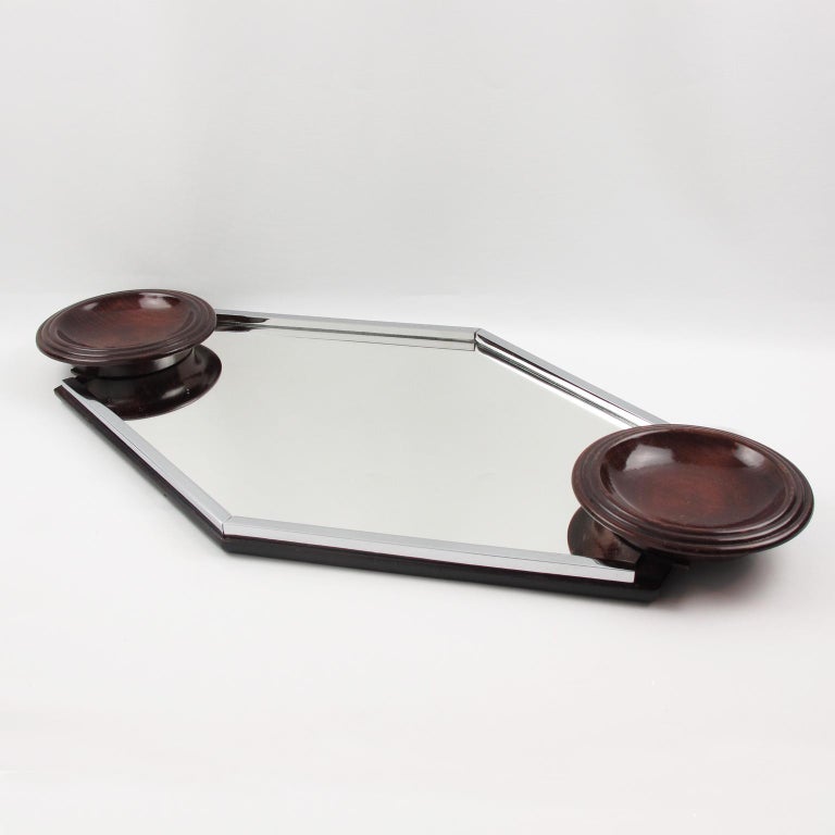Art Deco Modernist Barware Cocktail Serving Tray Chrome Glass and Wood ...