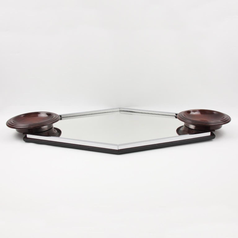 Art Deco Modernist Barware Cocktail Serving Tray Chrome Glass and Wood ...