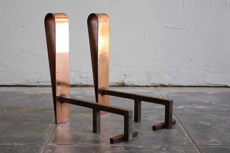 Art Deco/Modernist Copper and Cast Iron Andirons in the Manner of ...