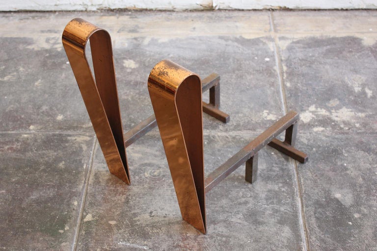 Art Deco/Modernist Copper and Cast Iron Andirons in the Manner of ...