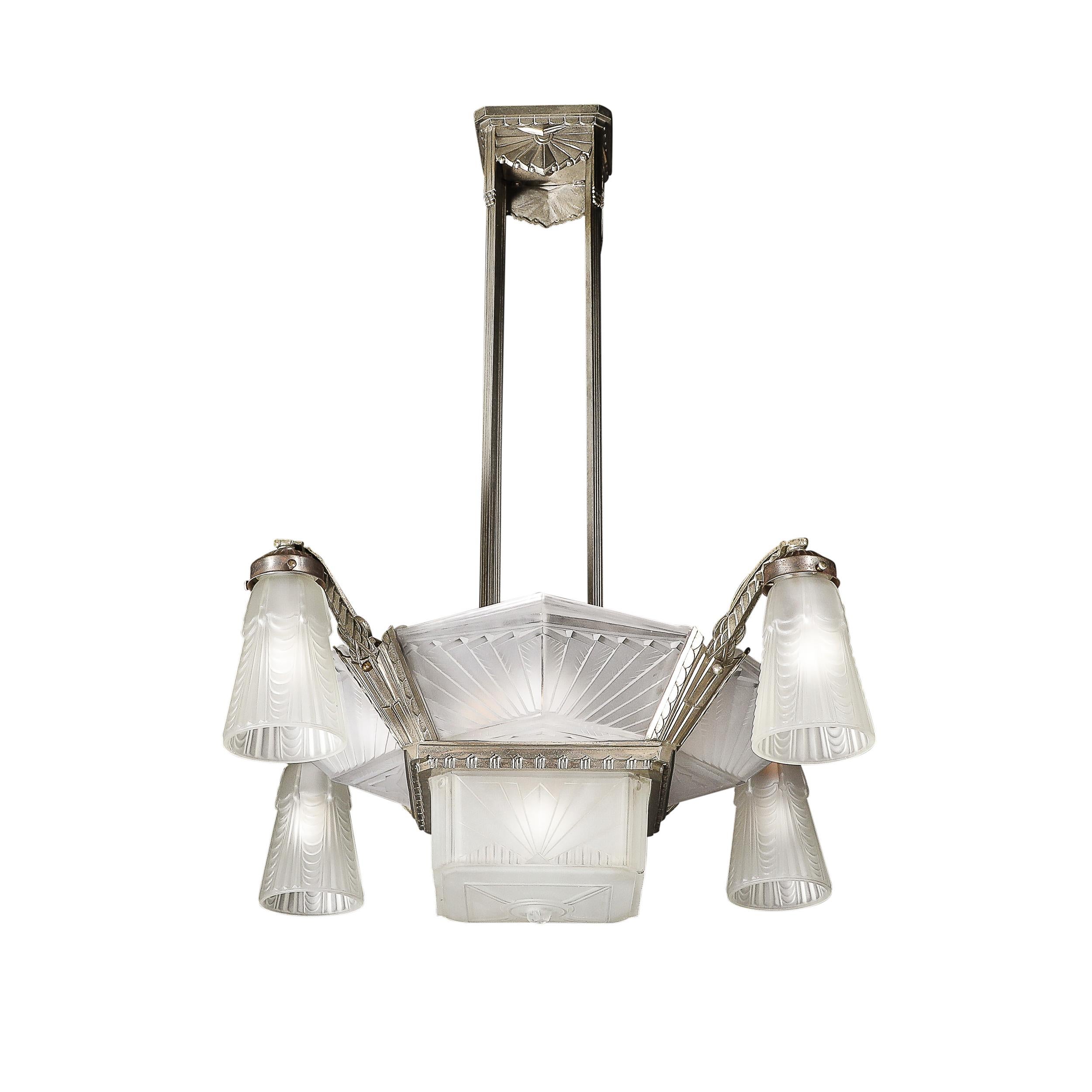Art Deco Molded, Frosted Glass Chandelier signed EJG Etablissement Jean ...