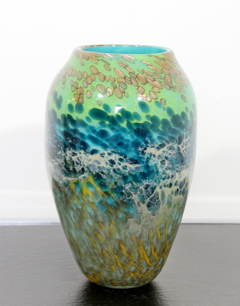 Art Deco Monart Style Swan Signed and Stamped Glass Art Vase Gold Blue ...