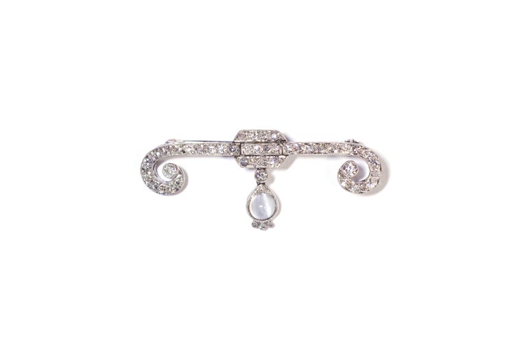 Art Deco Moonstone Diamond Brooch in Platinum For Sale at 1stDibs