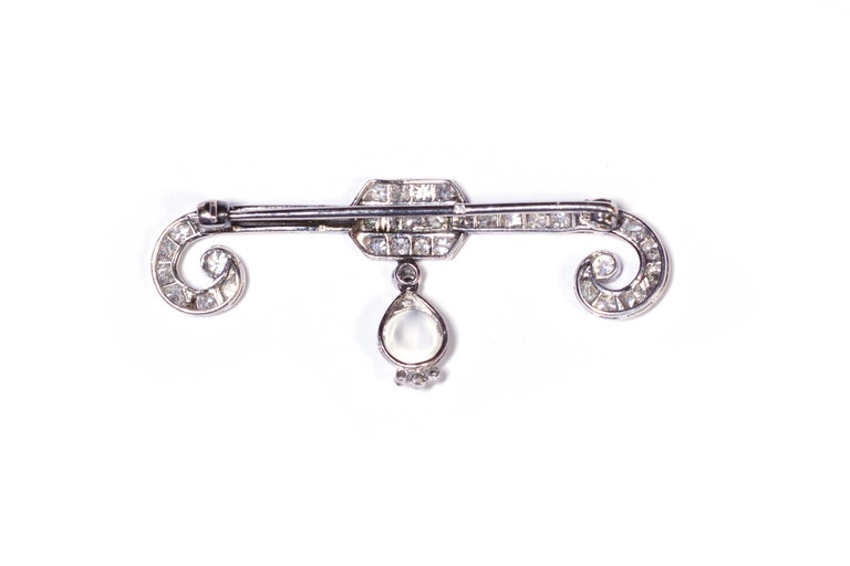 Art Deco Moonstone Diamond Brooch in Platinum For Sale at 1stDibs