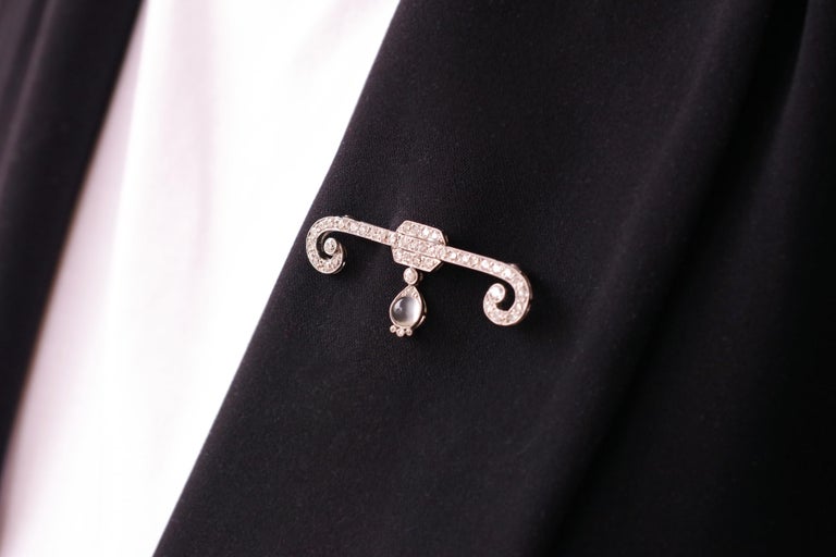 Art Deco Moonstone Diamond Brooch in Platinum For Sale at 1stDibs