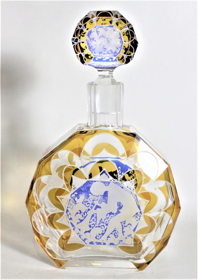 Art Deco Moser Styled Amber Cut to Clear Crystal Decanter with Intaglio ...
