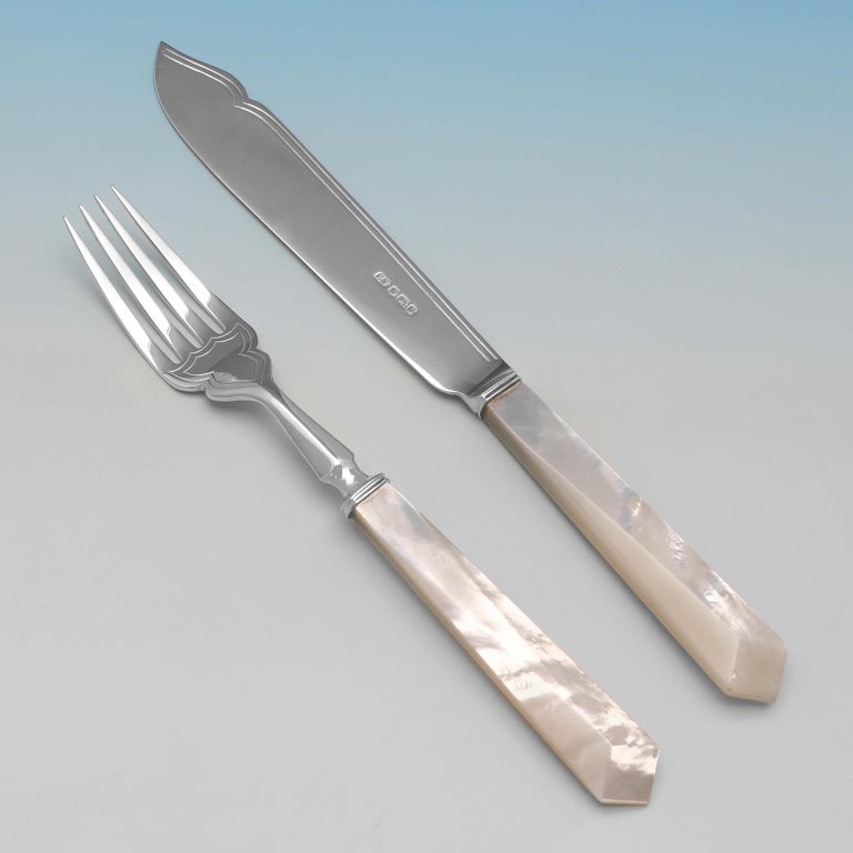 Art Deco Mother of Pearl and Sterling Silver Fish Cutlery Set ...