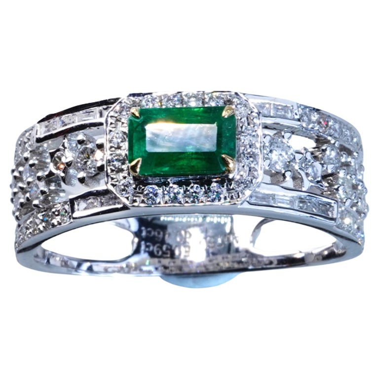 Art Deco Natural Emerald Diamond White Gold Wedding Band, Unique ...
