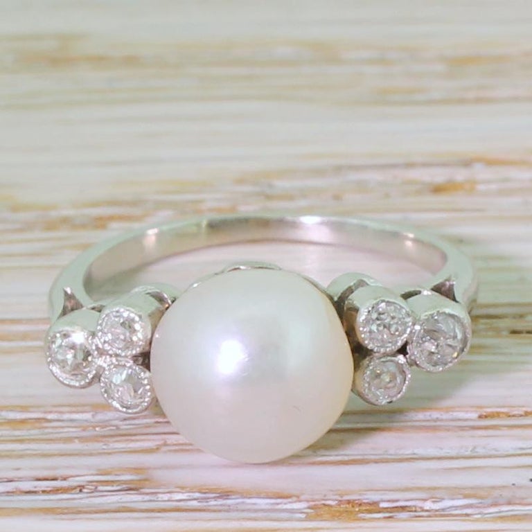 Art Deco Natural Saltwater Pearl And Old Cut Diamond Platinum Ring For