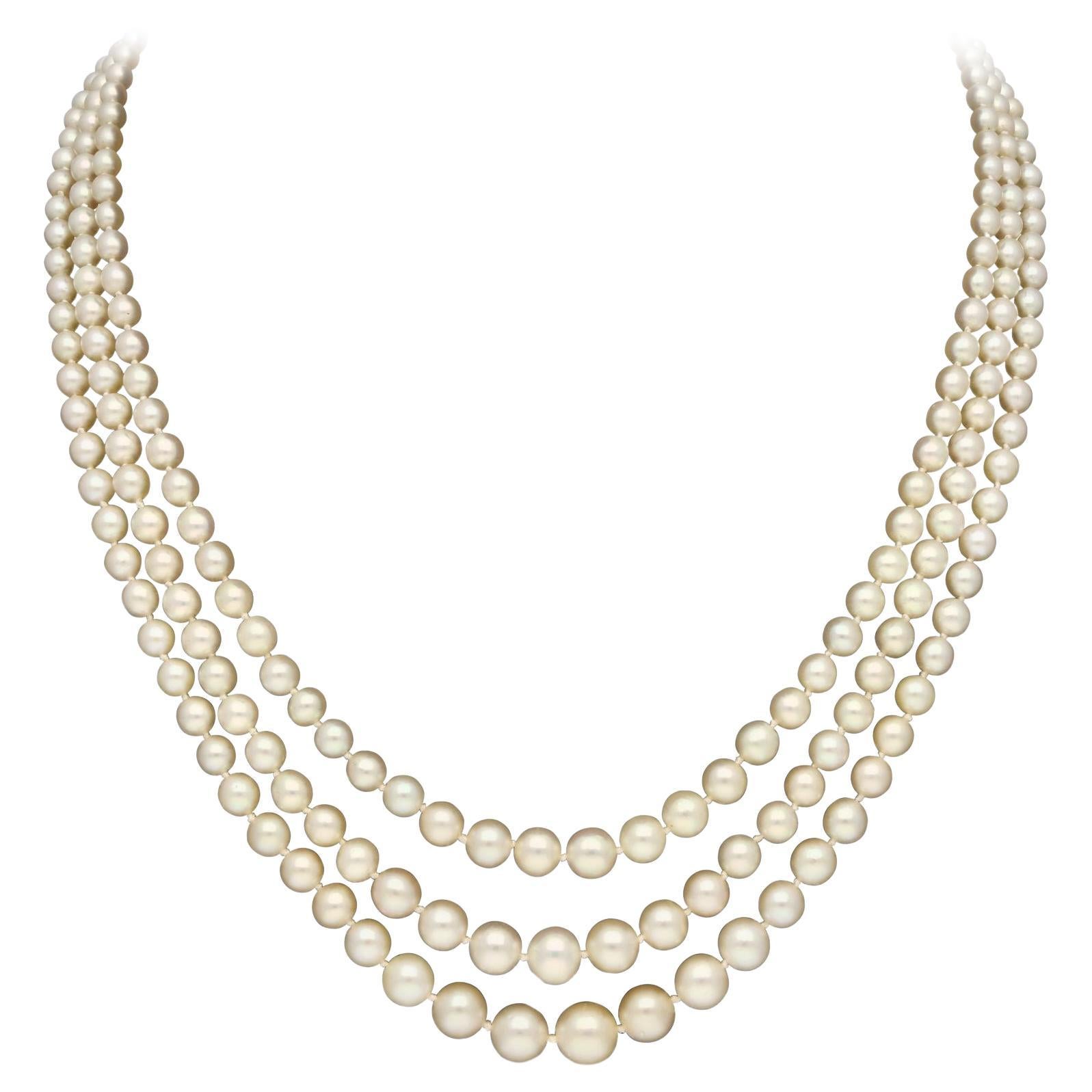 Art Deco Natural Saltwater Pearl Three Row Necklace Circa 1925 For Sale ...