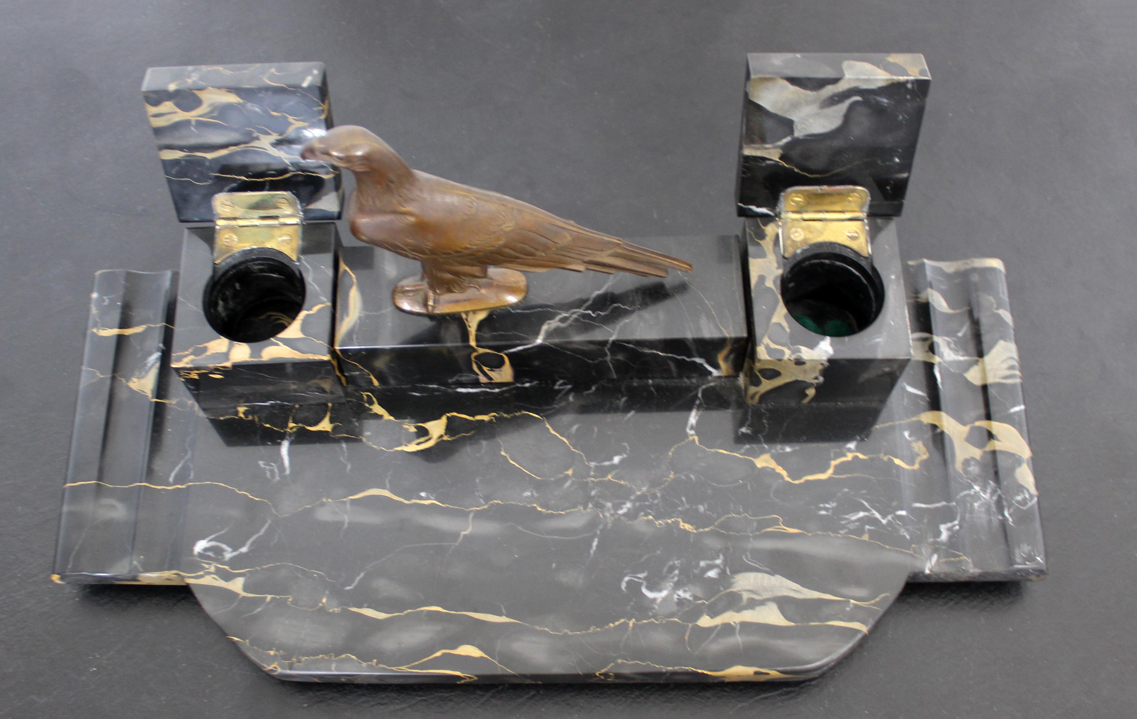 Art Deco Nouveau Bronze and Marble Bird Eagle Table Sculpture Dual Inkwell at 1stDibs