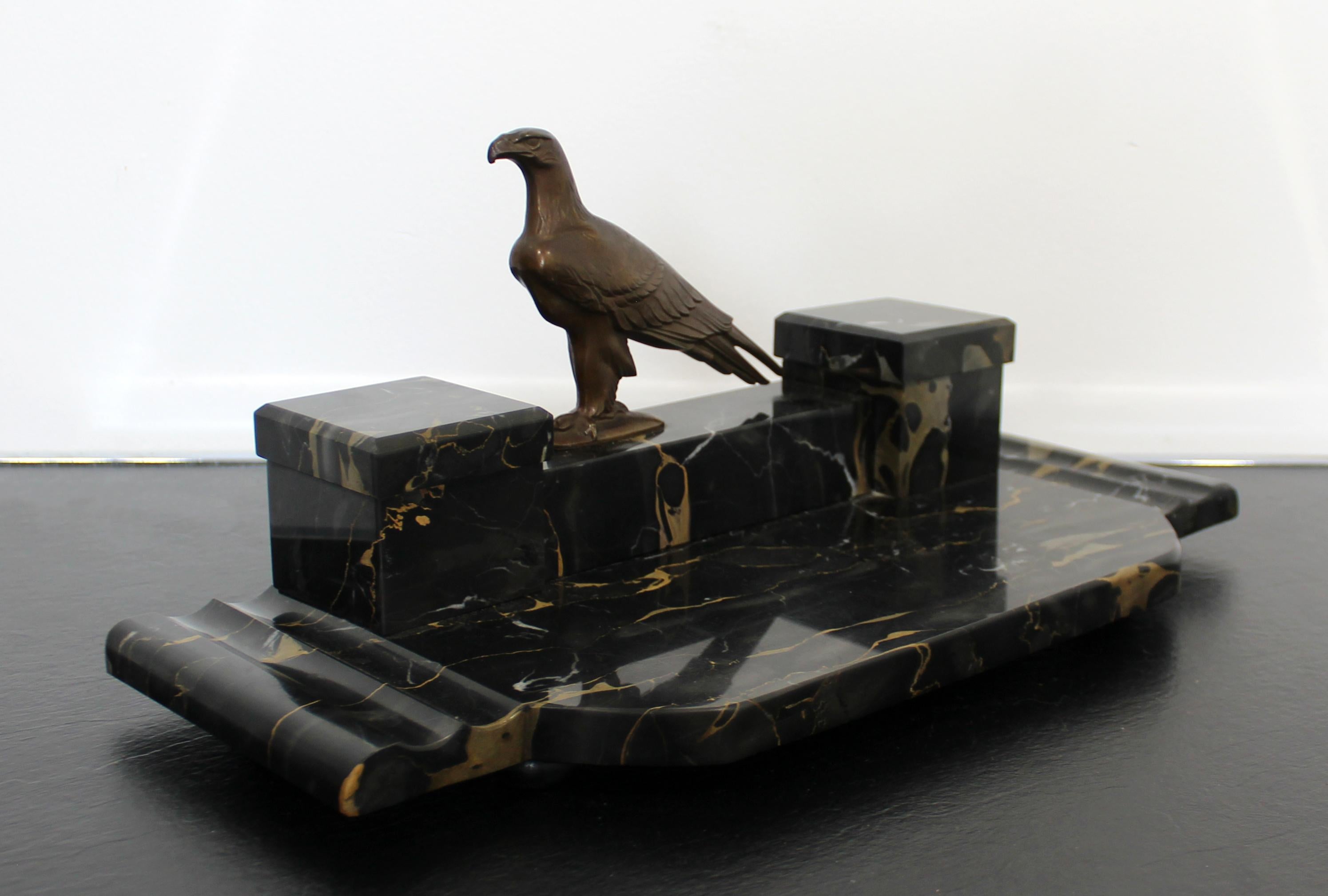 Art Deco Nouveau Bronze and Marble Bird Eagle Table Sculpture Dual Inkwell at 1stDibs