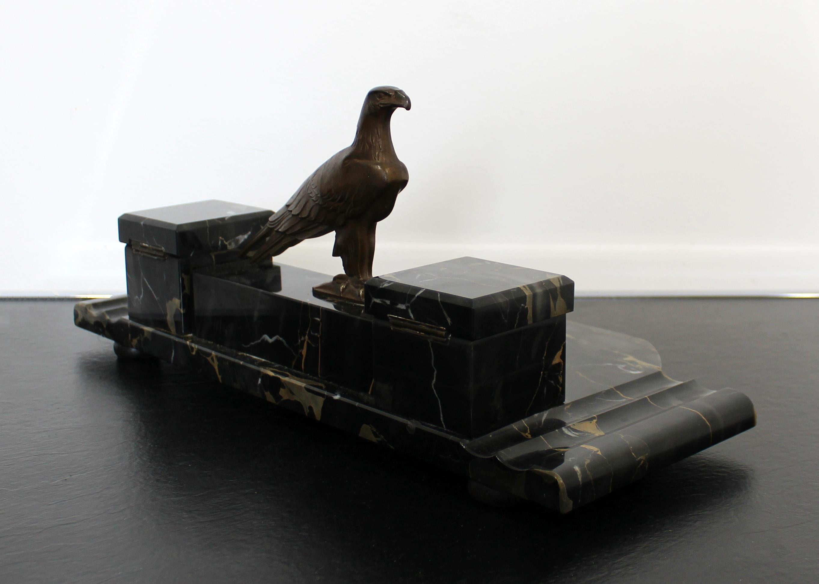 Art Deco Nouveau Bronze and Marble Bird Eagle Table Sculpture Dual Inkwell at 1stDibs
