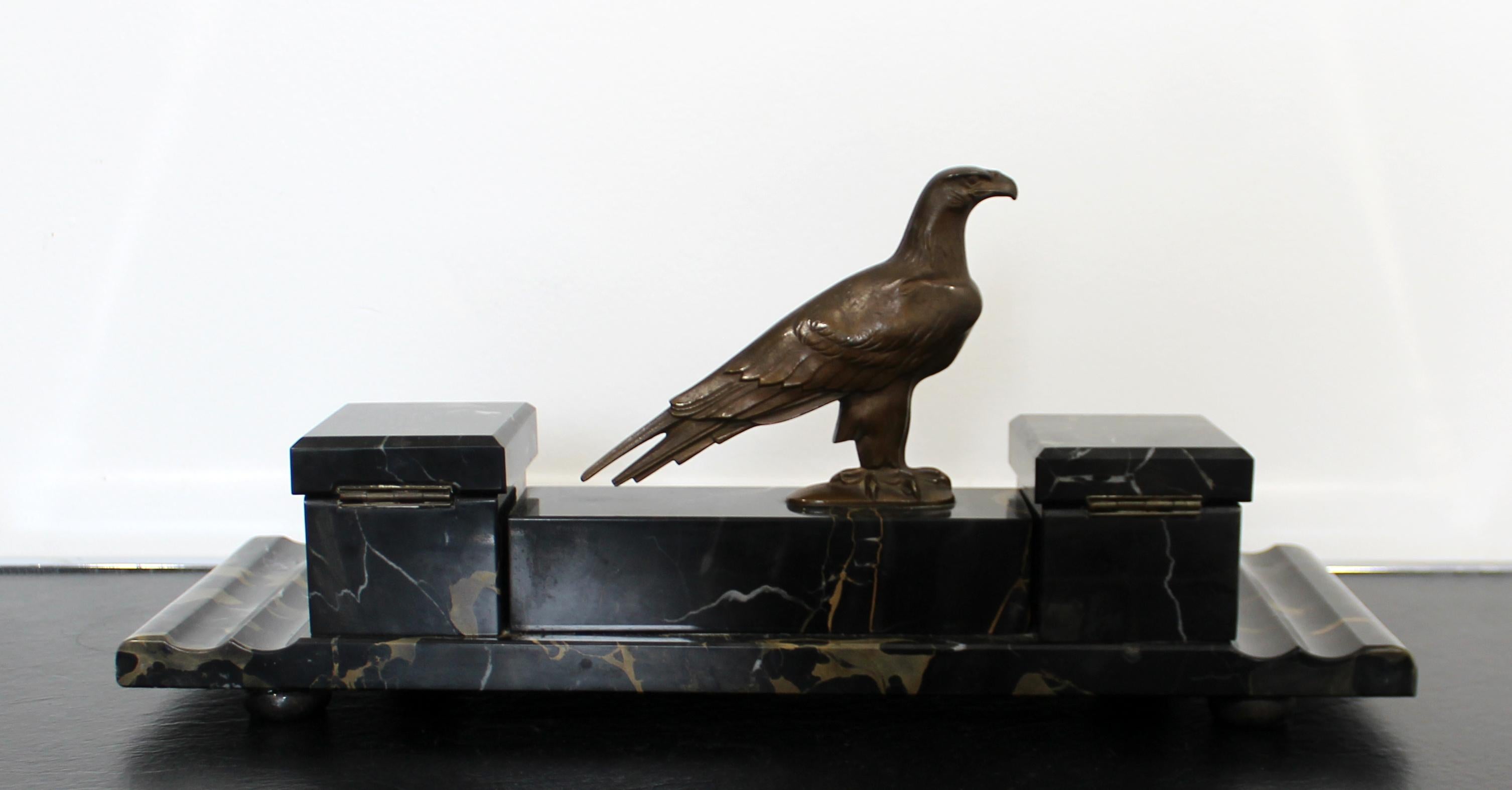 Art Deco Nouveau Bronze and Marble Bird Eagle Table Sculpture Dual Inkwell at 1stDibs