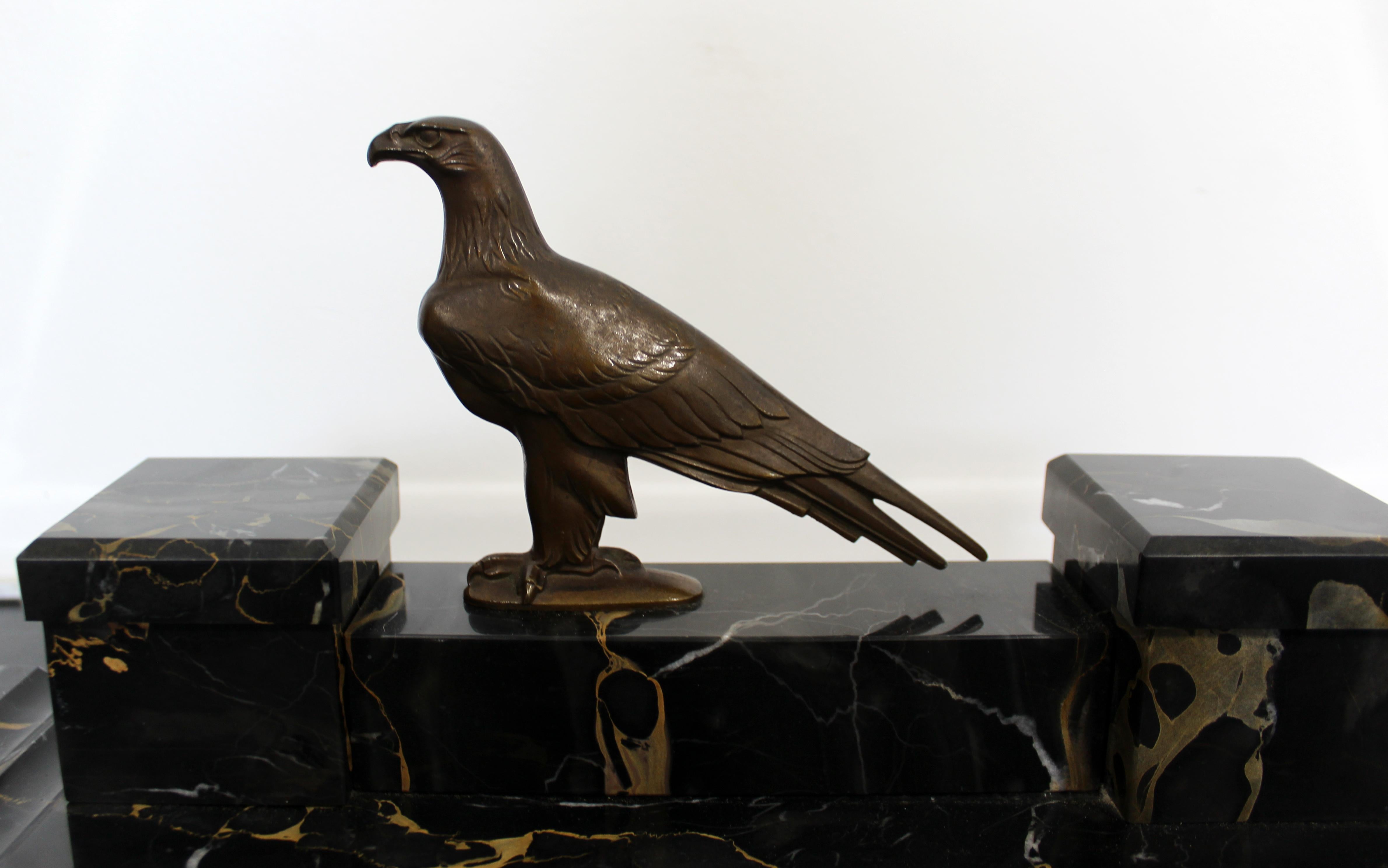 Art Deco Nouveau Bronze and Marble Bird Eagle Table Sculpture Dual Inkwell at 1stDibs
