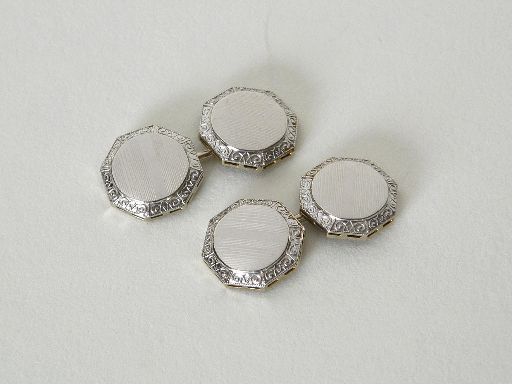 Art Deco Octagonal 14K White and Yellow Gold Geometric Cufflinks in ...