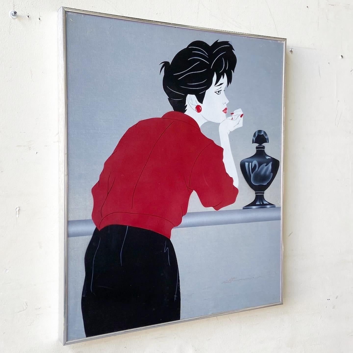 Art Deco Oil Painting, Leaning Lady, Patrick Nagel Style For Sale at ...