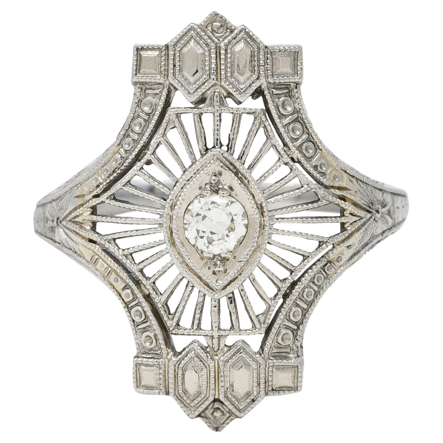 Art Deco Old European Cut Diamond 18 Karat White Gold Corn Vintage ...