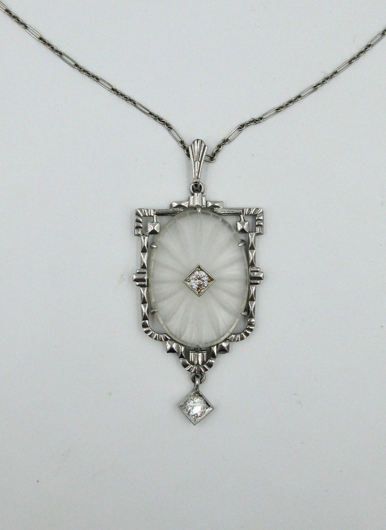 Art Deco Old European Cut Diamond Crystal Pendant Necklace 14 Karat ...