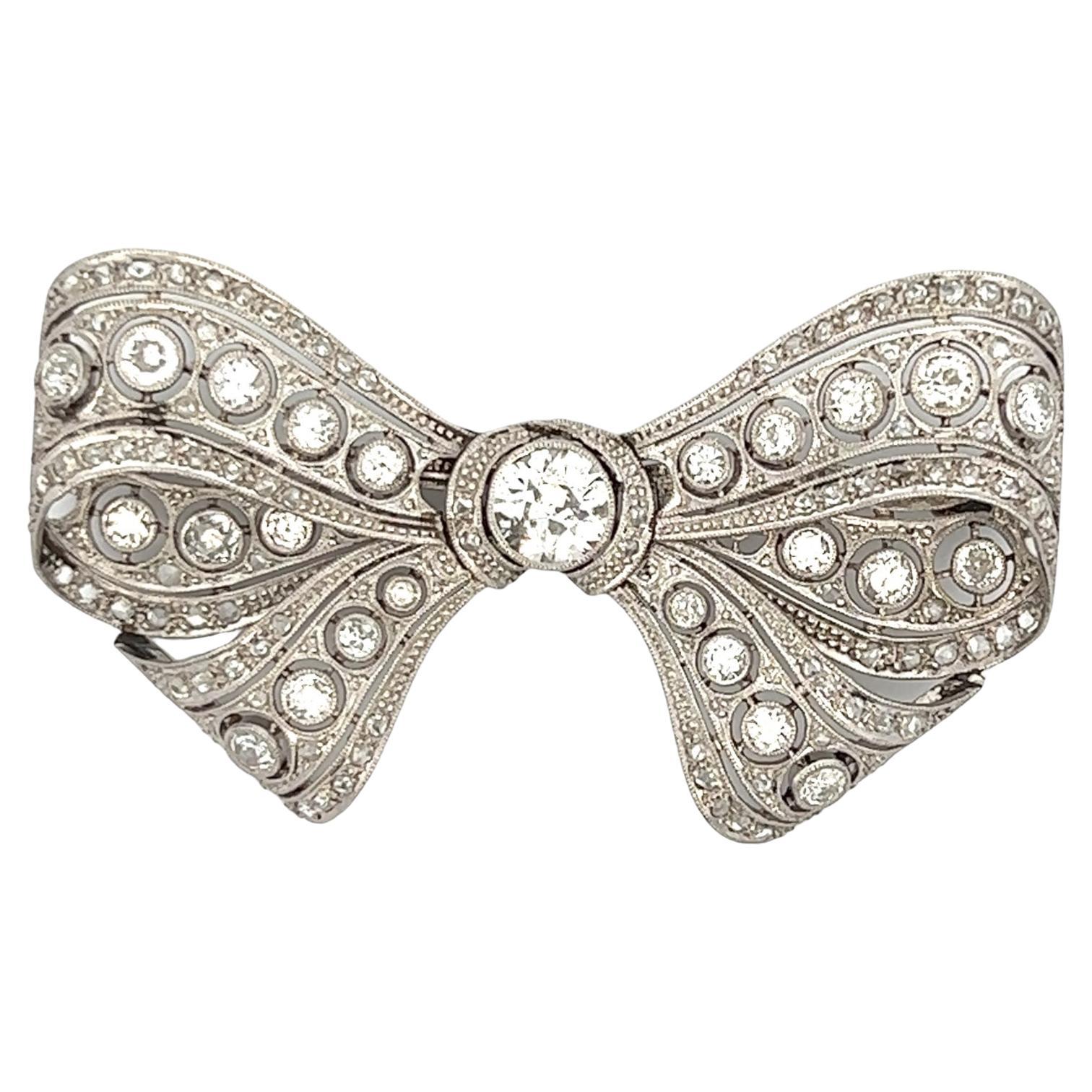 Art Deco Old European Cut Diamond Bow Design Pin in 14K Gold For Sale ...