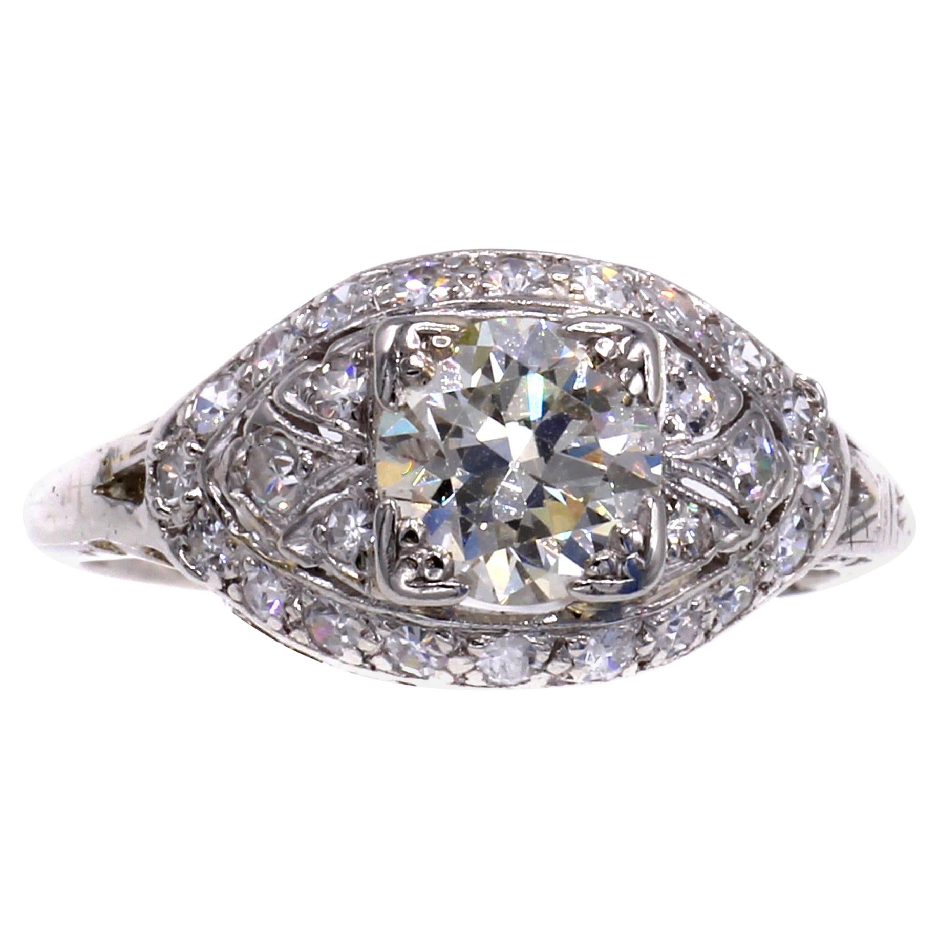 Art Deco Old European Cut Diamond Iridium Platinum Engagement Ring at ...