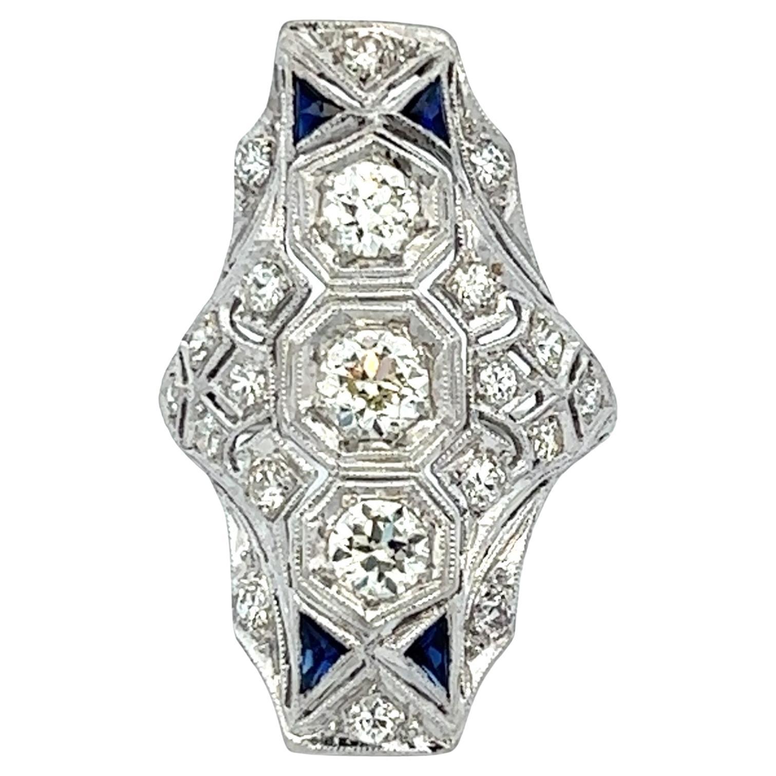 Art Deco Old European Cut Diamond Sapphire Platinum Cocktail Ring ...