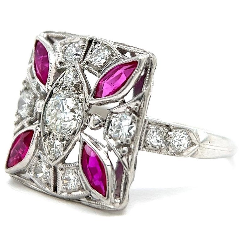 Art Deco Old European Cut Diamonds Ruby Platinum Filigree Dinner Ring ...